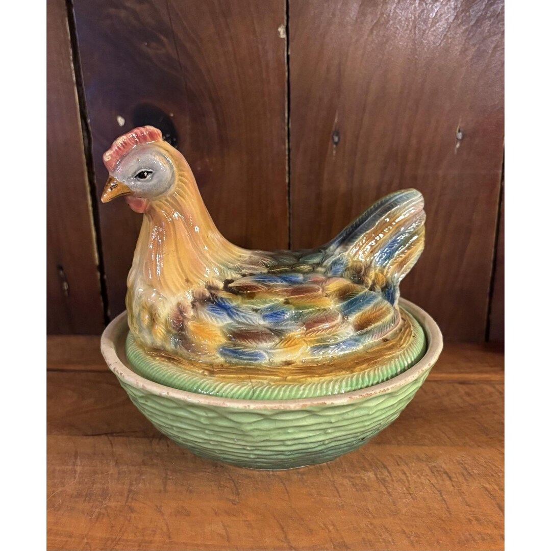 Vintage Hen on Nest Italy Hand Painted Multiple Color Feathers Green - Etsy