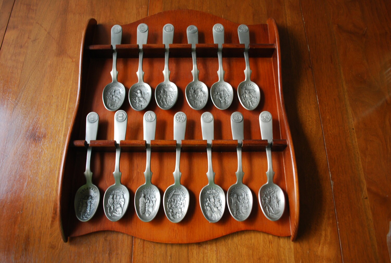 Vintage Colonial Revival Spoon Rack With Pewter Spoons - 13 Colonies ...