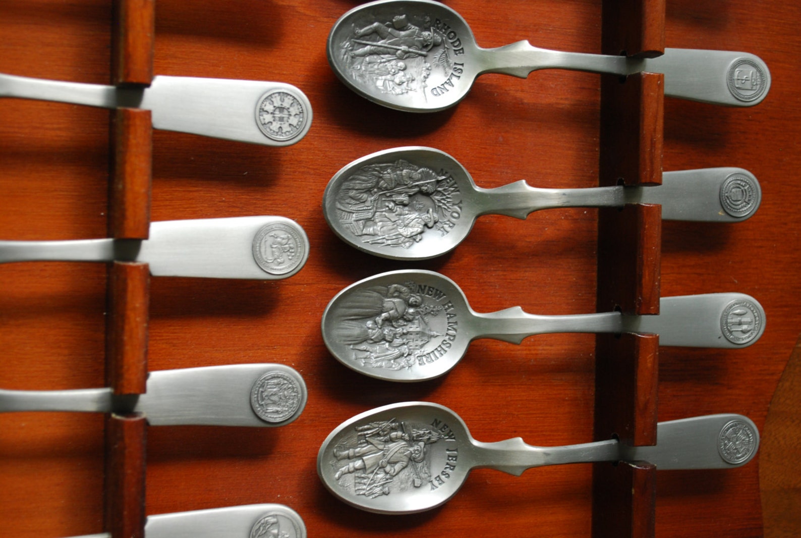 Vintage Colonial Revival Spoon Rack With Pewter Spoons - 13 Colonies ...