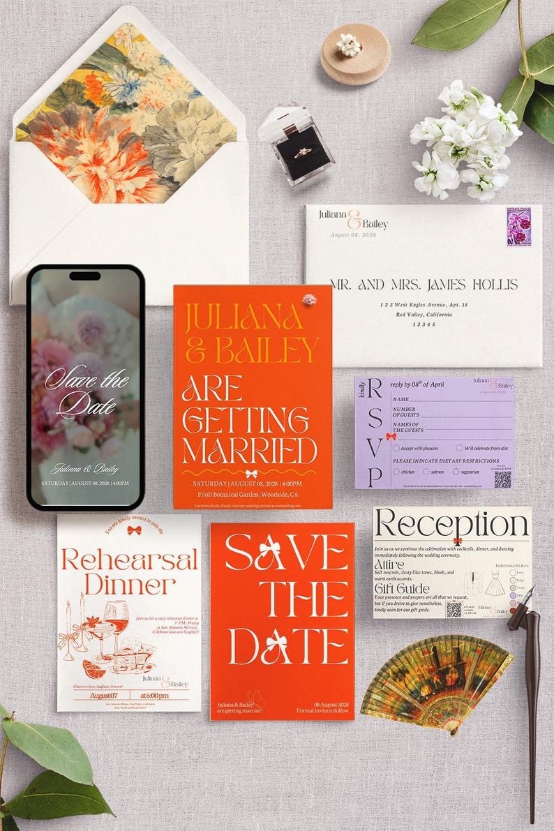 Bright Orange Wedding Invitation Suite, Modern Destination Wedding ...