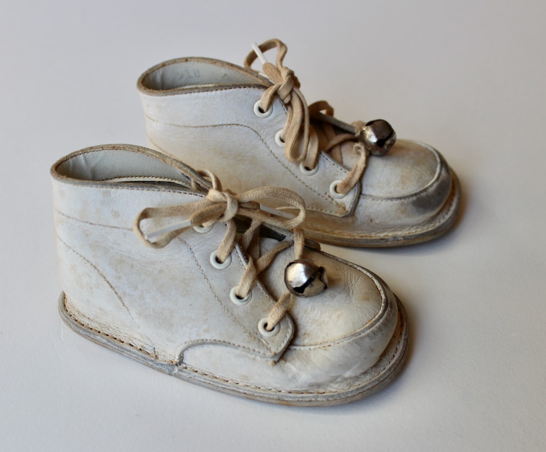 Vintage 1950s Baby Shoes, White Leather With Bells on Suede Laces ...