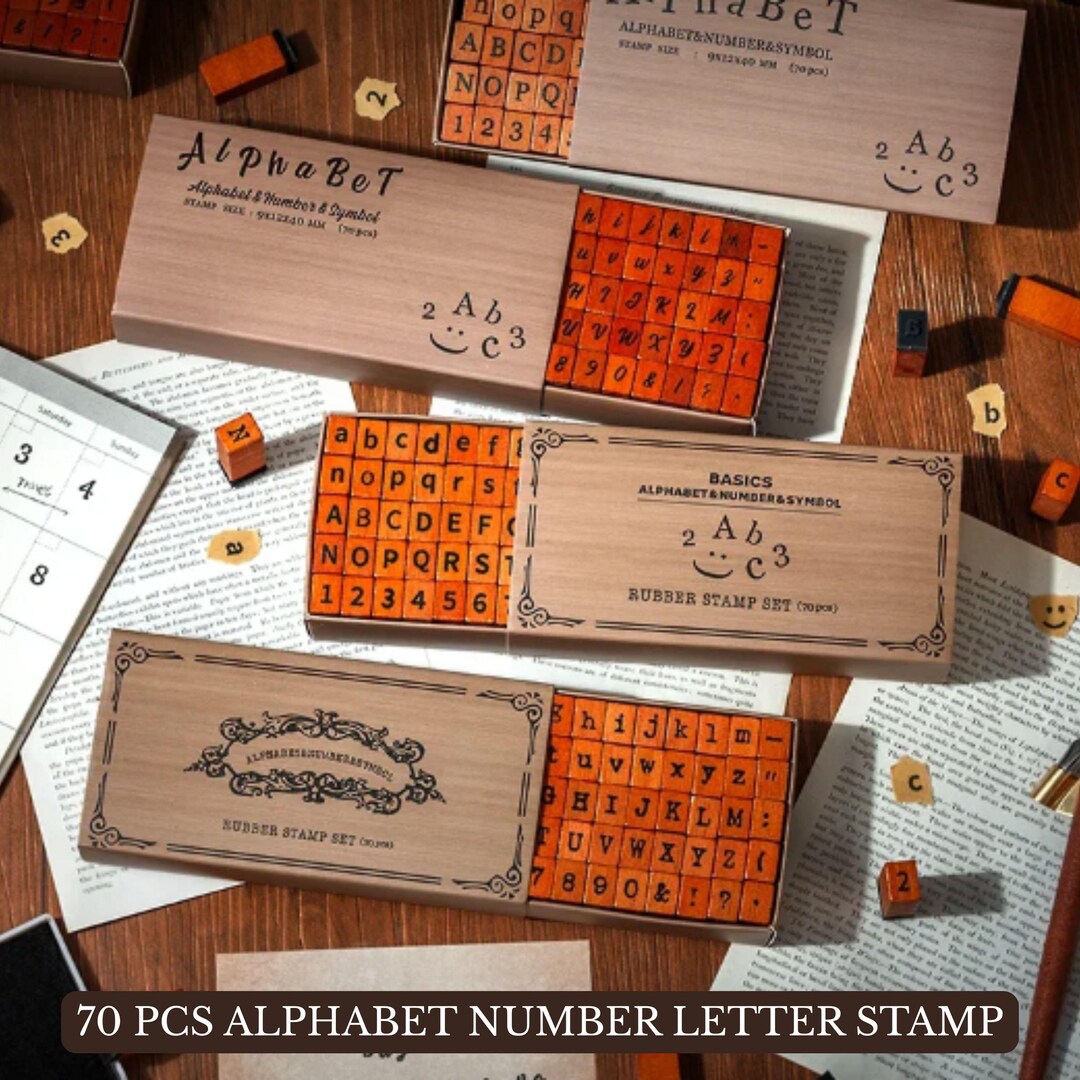 70 Pcs Wooden Typography Stamp Box | Alphabet & Number Stamps for ...