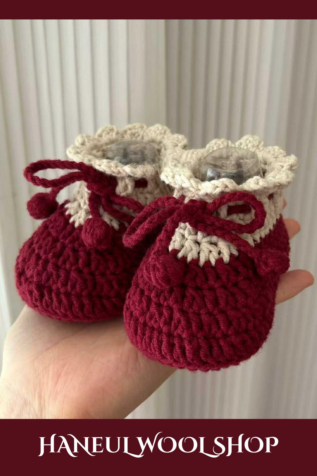 Wine Red Crochet Baby Booties With Ruffle Cuff & Tie, Handmade Newborn ...