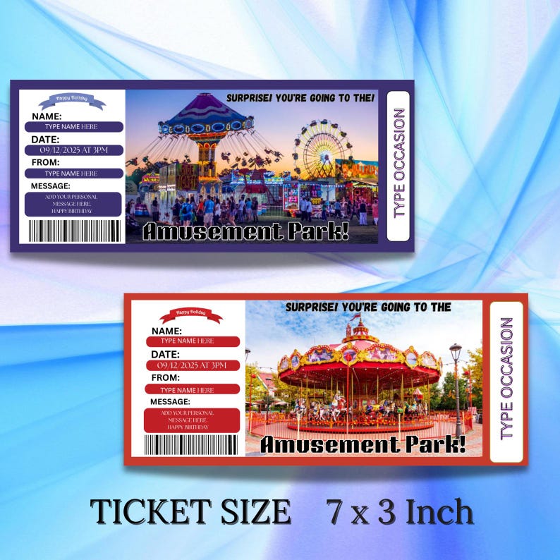 Amusement Park Printable Ticket, Editable Birthday Invitation Gift Card ...