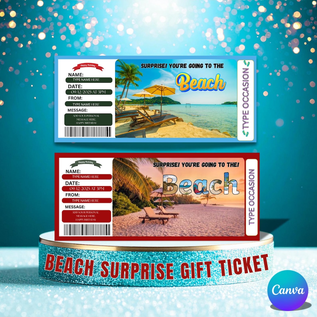 Editable Beach Surprise Gift Ticket, Printable Surprise Vacation Reveal ...