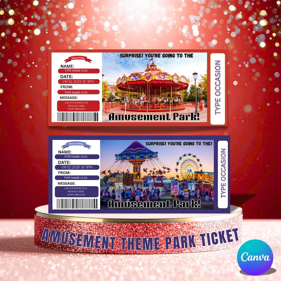 Amusement Park Printable Ticket, Editable Birthday Invitation Gift Card ...