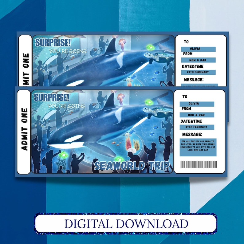 Seaworld Trip Ticket Template, Theme Park Ticket, Surprise Vacation ...