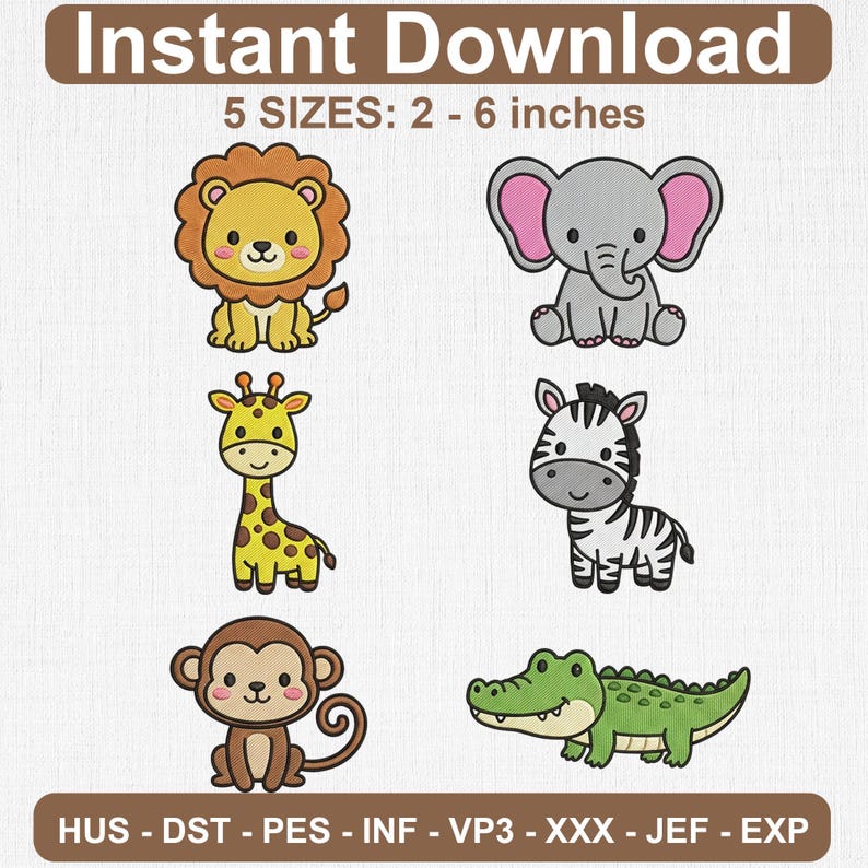 Safari Animals Embroidery Design Set, Baby Jungle Animals Mini Icons ...
