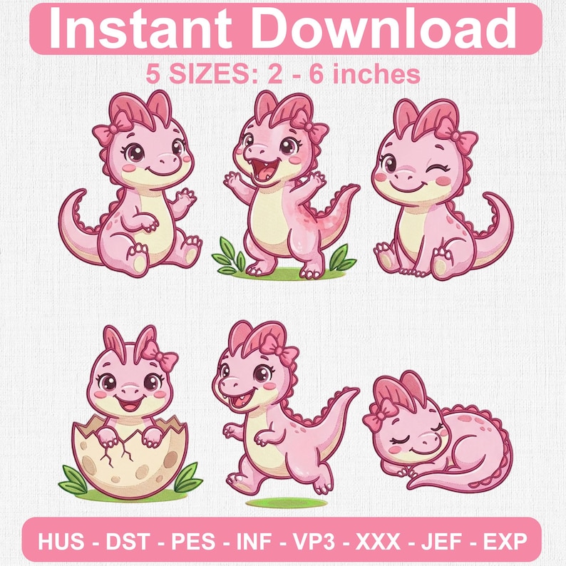 Baby Girl Dilophosaurus Embroidery Design Bundle, Pastel Dinosaur Set ...