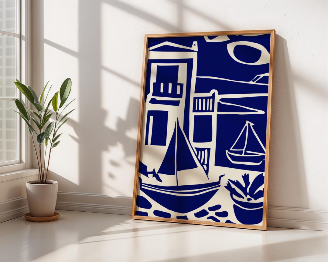 Indigo Blue Mediterranean Sailor Boat Print, Nautical Coastal Village ...