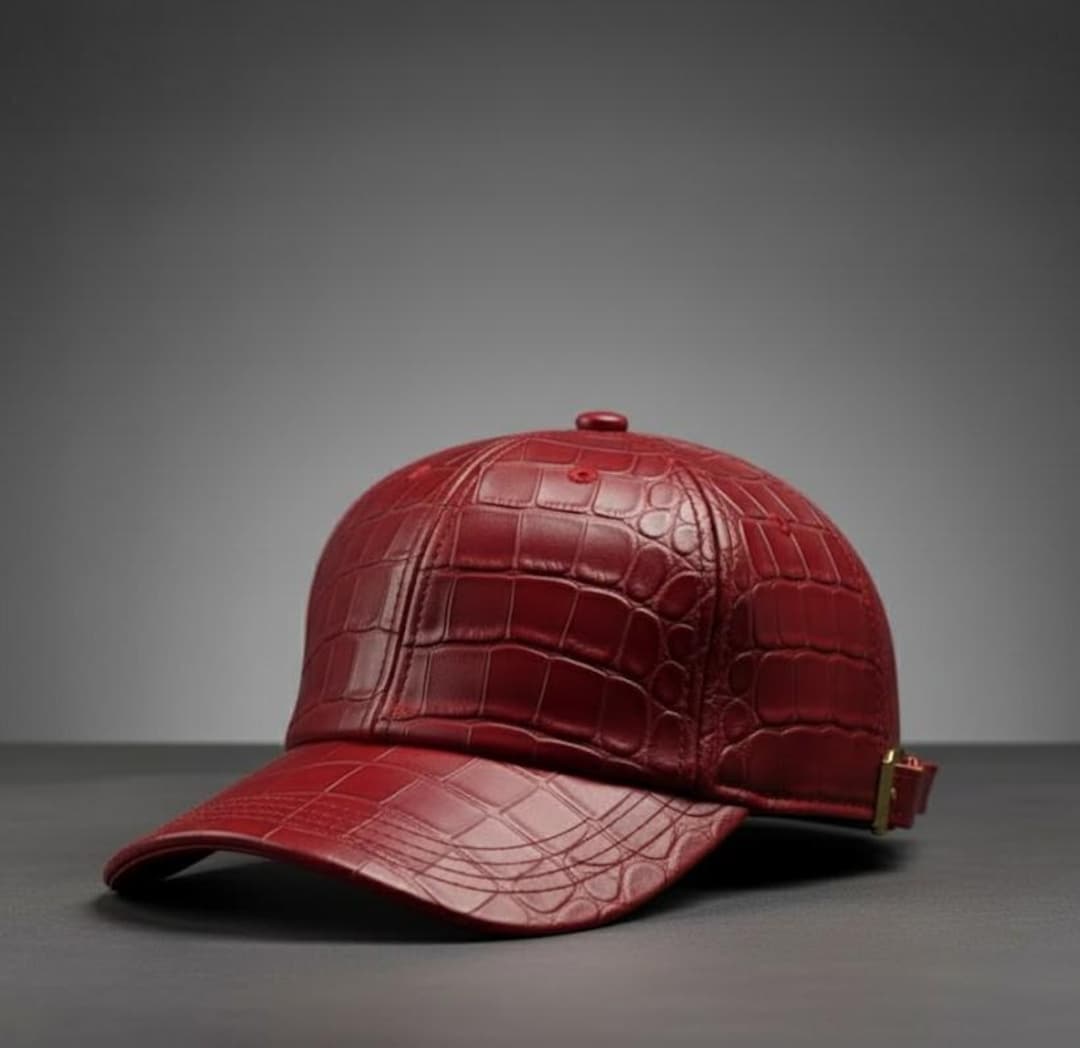 Red Crocodile Embossed Leather Baseball Cap, Luxury Gator Print ...