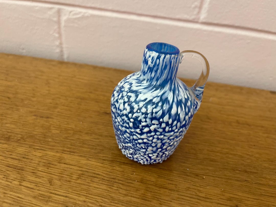 Vintage Pilgrim Handblown Blue + White Glass Splatter Mini Pitcher Jug ...
