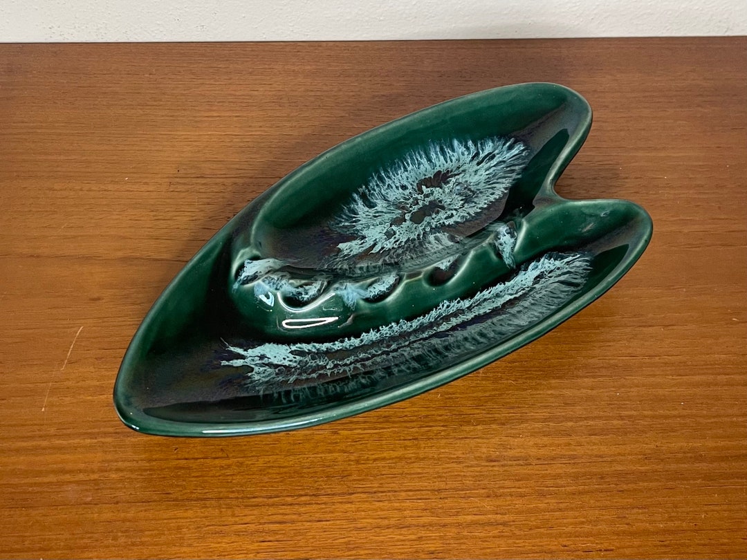 Vintage 1950s MCM Green Glazed Ceramic Ashtray Trinket Dish Boomerang ...
