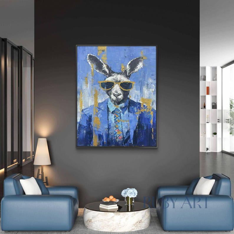 Modern Kangaroo Oil Painting: Funky Animal Portrait in Blue Suit - Etsy