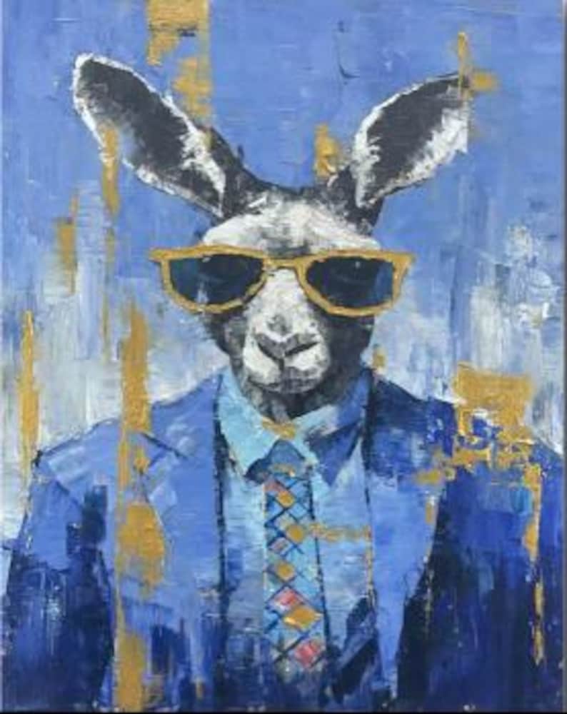Modern Kangaroo Oil Painting: Funky Animal Portrait in Blue Suit - Etsy