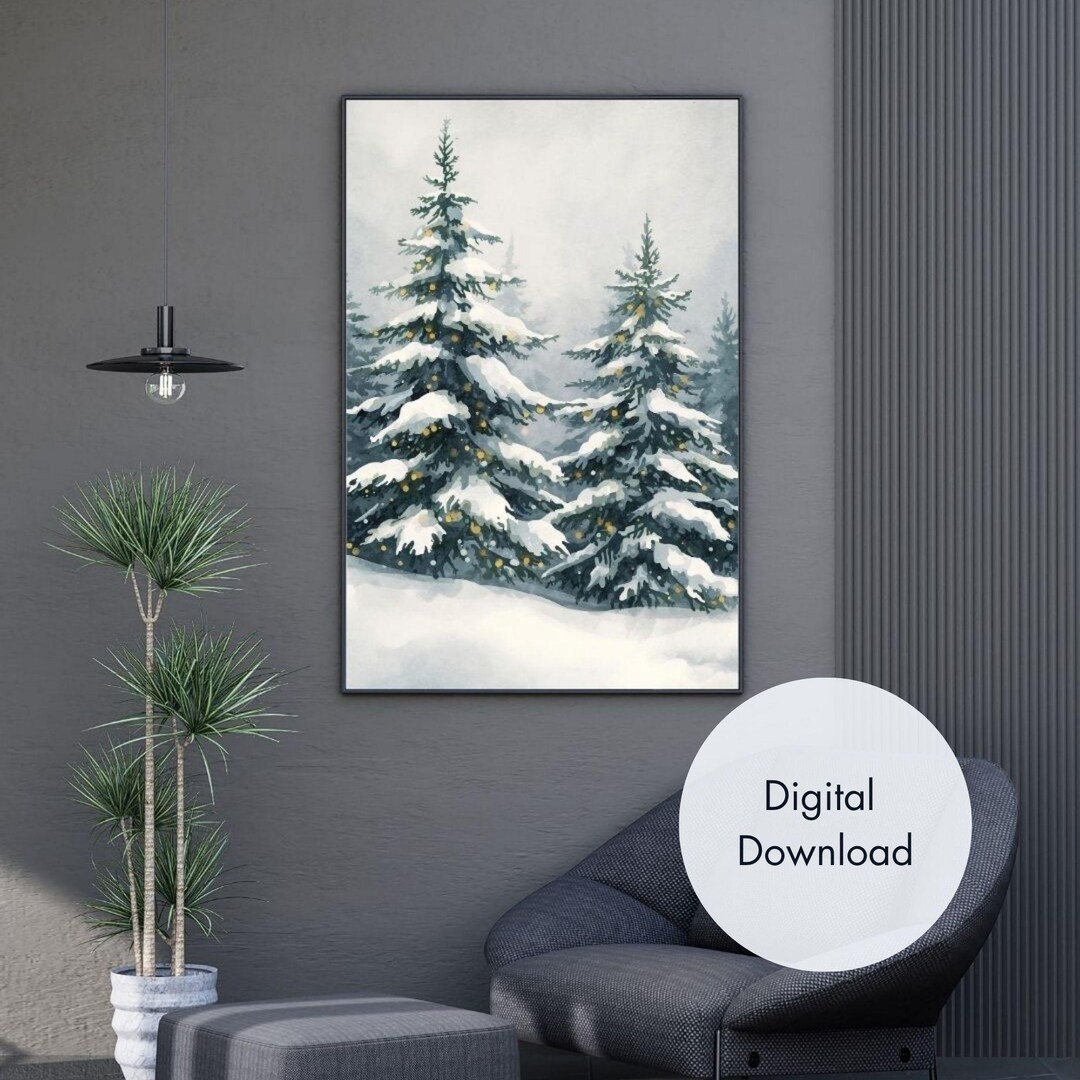 Christmas Pine Tree Watercolor Print | Winter Landscape Art | Cozy ...