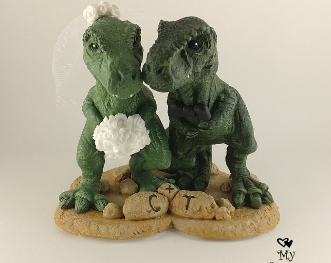 T-rex Dinosaur Wedding Cake Topper Realistic Bride and Groom - Etsy