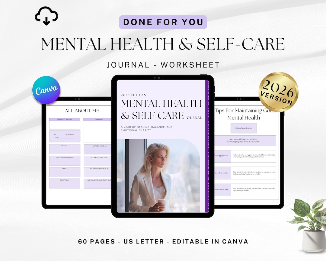 Journal 2026 sur la santé mentale et les soins personnels, modèle Canva ...
