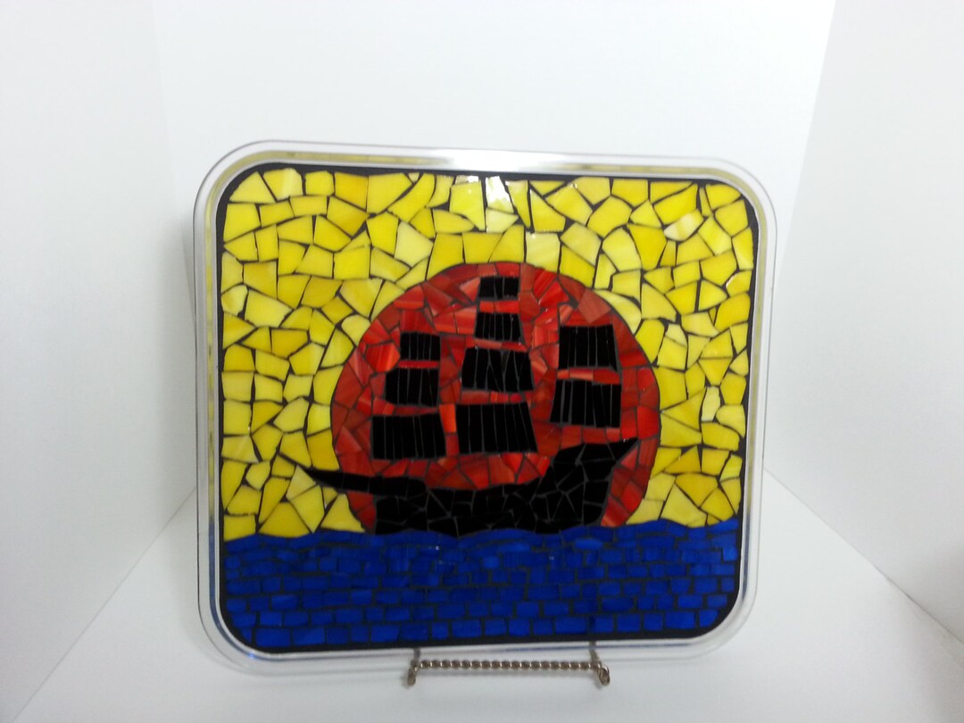 Mosaic Stained Glass Pirate Ship at Sunset - Etsy