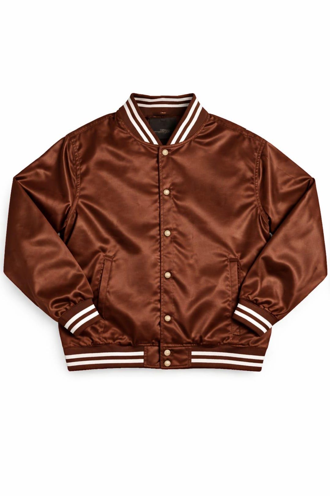 Brown Satin Varsity Jacket – Handmade College Bomber With White Stripes ...