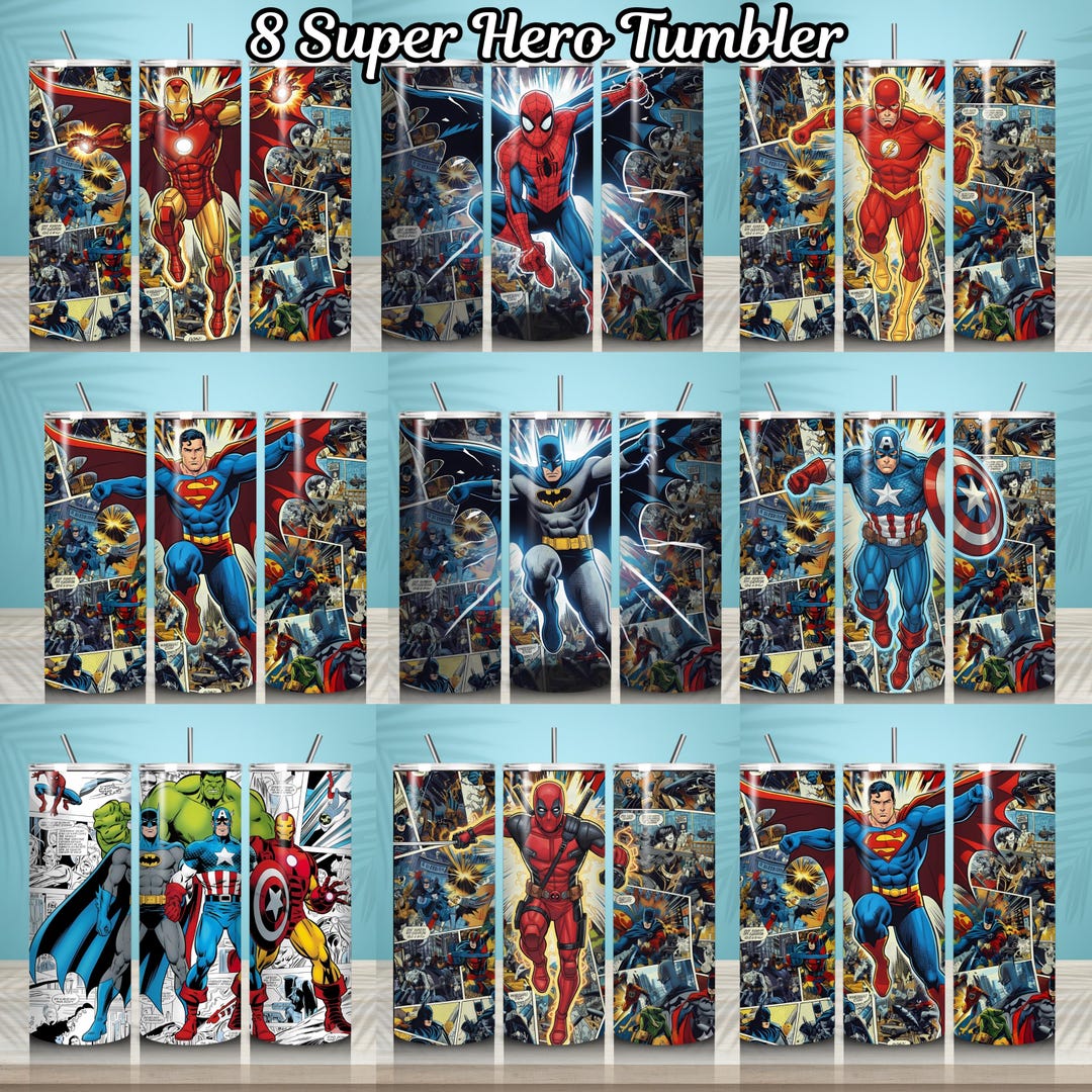 8 Superhero Tumbler Wrap Bundle, Instant Download 20oz Tumbler PNG ...