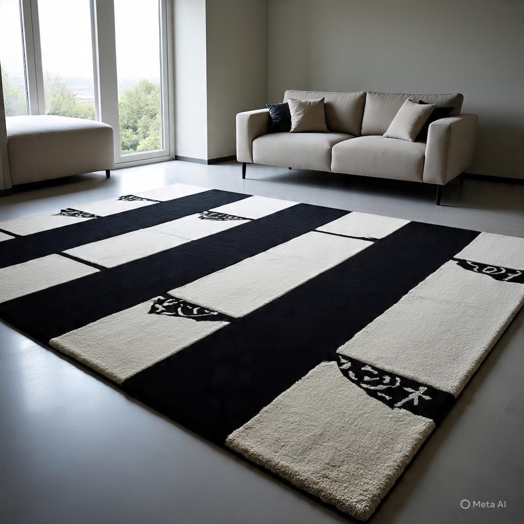 Handmade Geometric Rug: Black & White Modern Design - Etsy