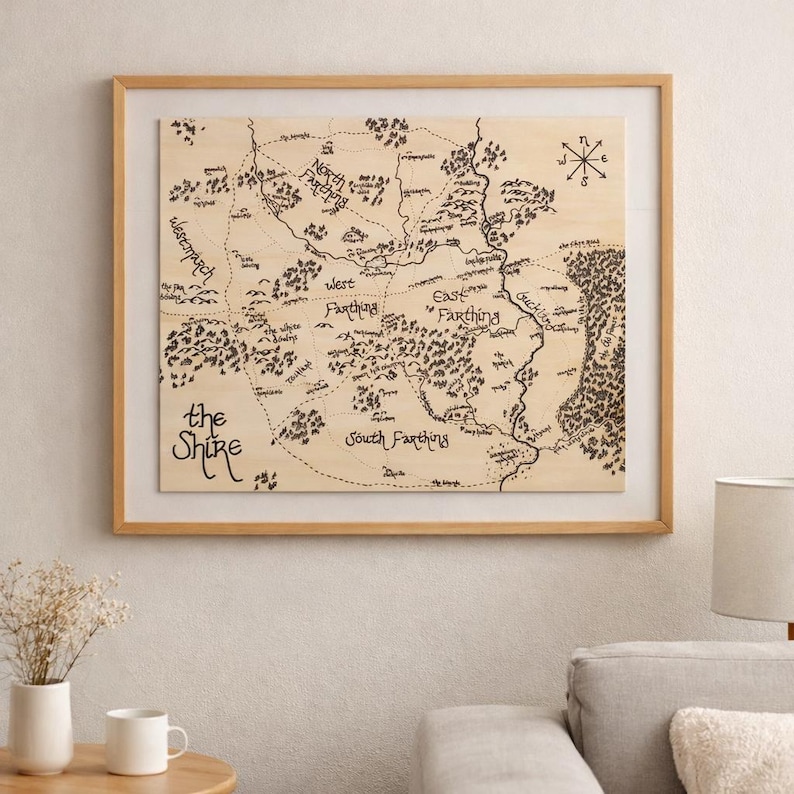 Wooden Shire Map, LOTR Poster, Hobbit Wall Art, Middle-earth Map ...