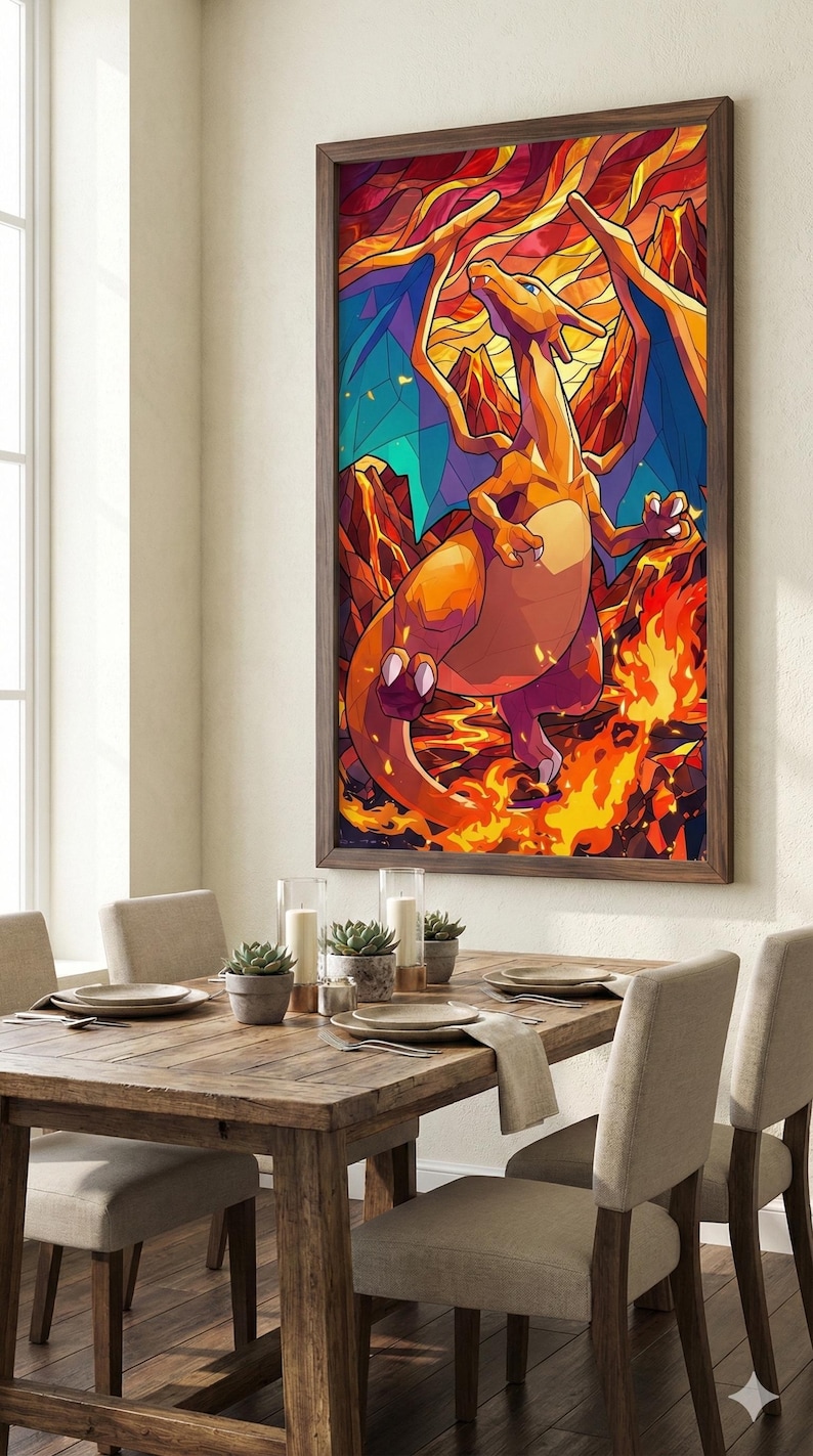Firey Charizard Stained Glass Digital Wall Art - Pokémon Inspired Fire ...