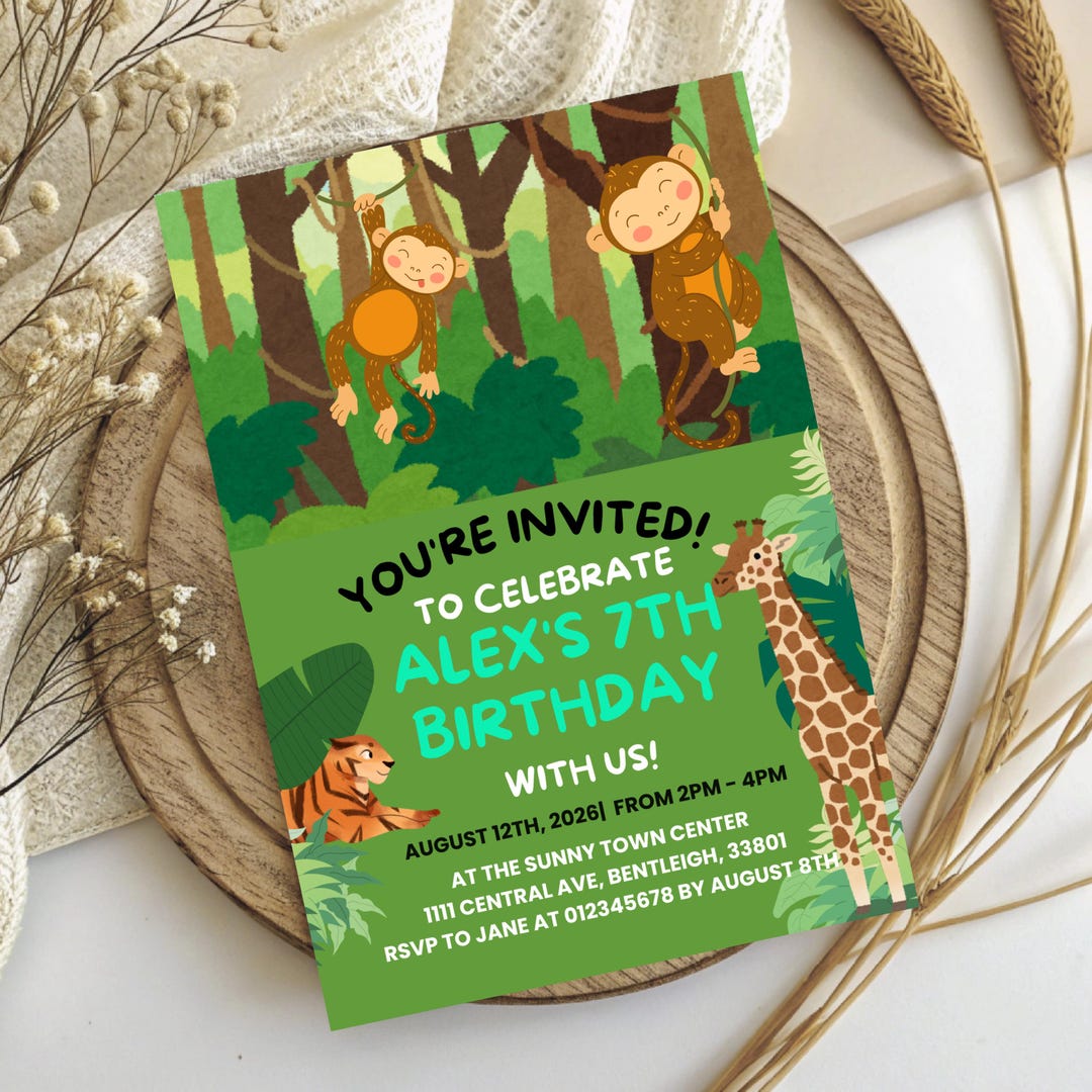 Jungle Animals Birthday Invitation | Safari Party, Kids Birthday, Zoo ...