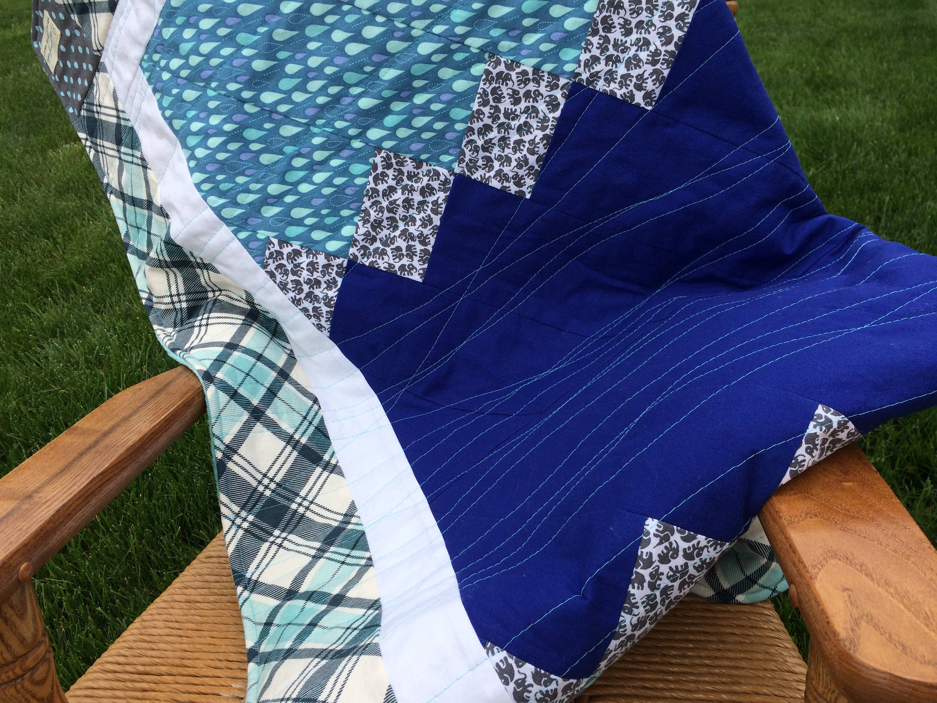 Patchwork Quilt in Grey and Blue Tones - Elephants - Raindrops - Plaid ...