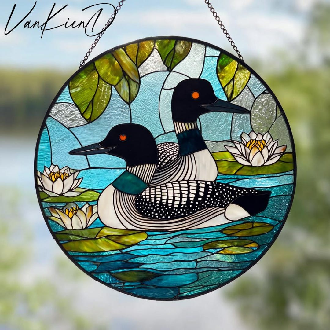 Loon Bird Couple Glass Suncatcher: Bird Lover Window Hanging, Nature ...