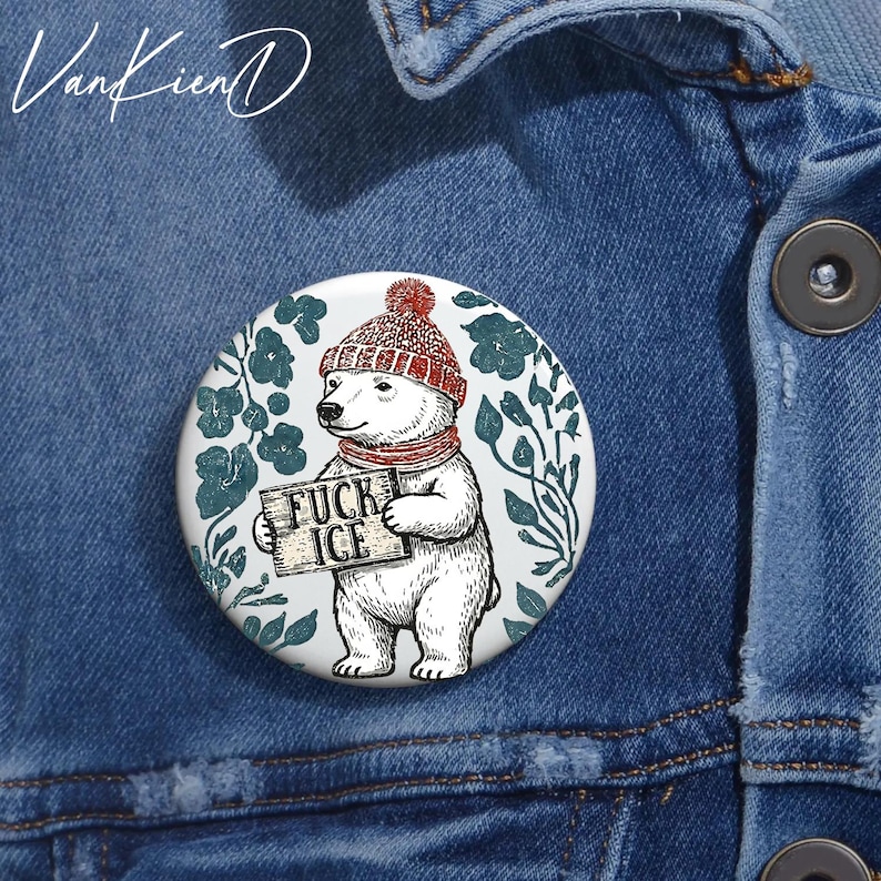 Fuck ICE Polar Bear Pin Button, Abolish ICE Pin, Funny Political Cat ...