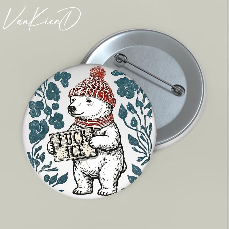 Fuck ICE Polar Bear Pin Button, Abolish ICE Pin, Funny Political Cat ...