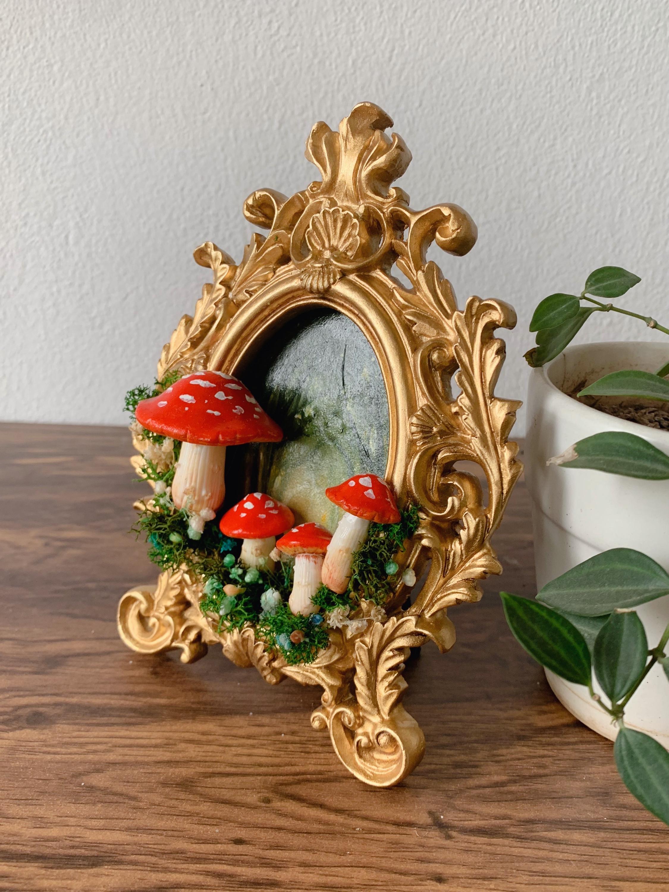 Mushroom Terrarium Shadow Box, Vintage Handmade Oil Painting of ...