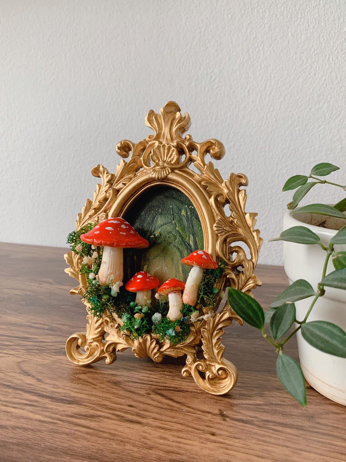 Mushroom Terrarium Shadow Box, Vintage Handmade Oil Painting of ...