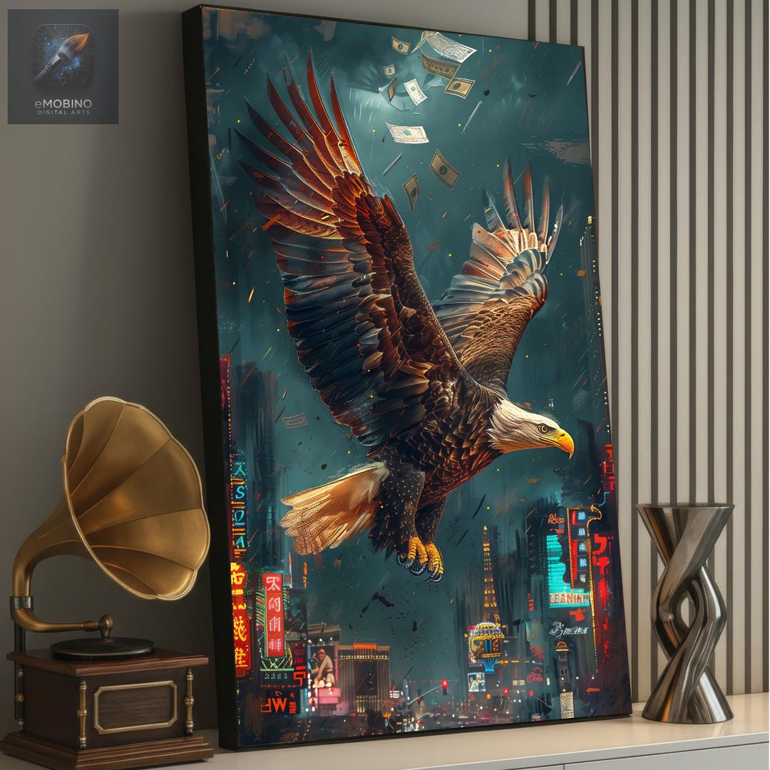 Dynamic Bald Eagle Canvas - Futuristic Neon City Artwork - Cyberpunk ...