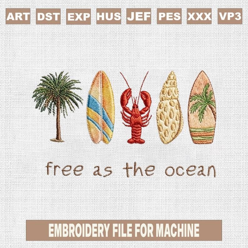 Free as the Ocean Embroidery Design, Beach Summer Quote With Palm Tree ...