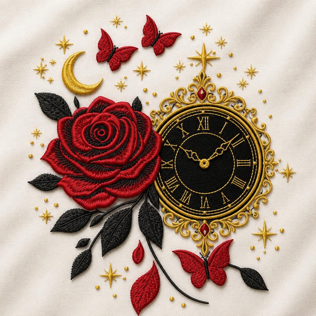 Gothic Rose Clock Embroidery Design, Celestial Vintage Clock Machine ...