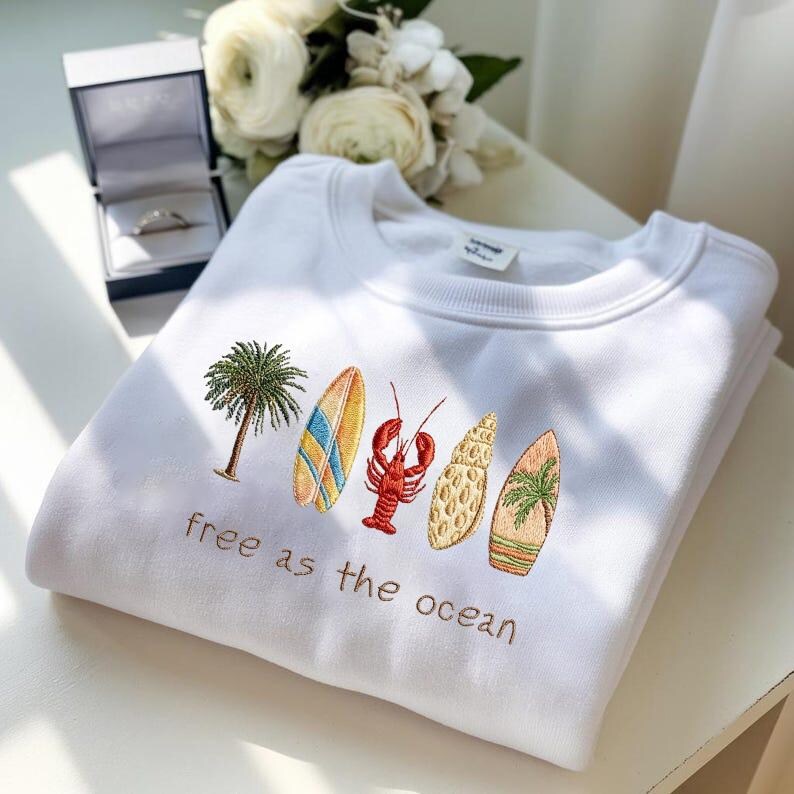 Free as the Ocean Embroidery Design, Beach Summer Quote With Palm Tree ...