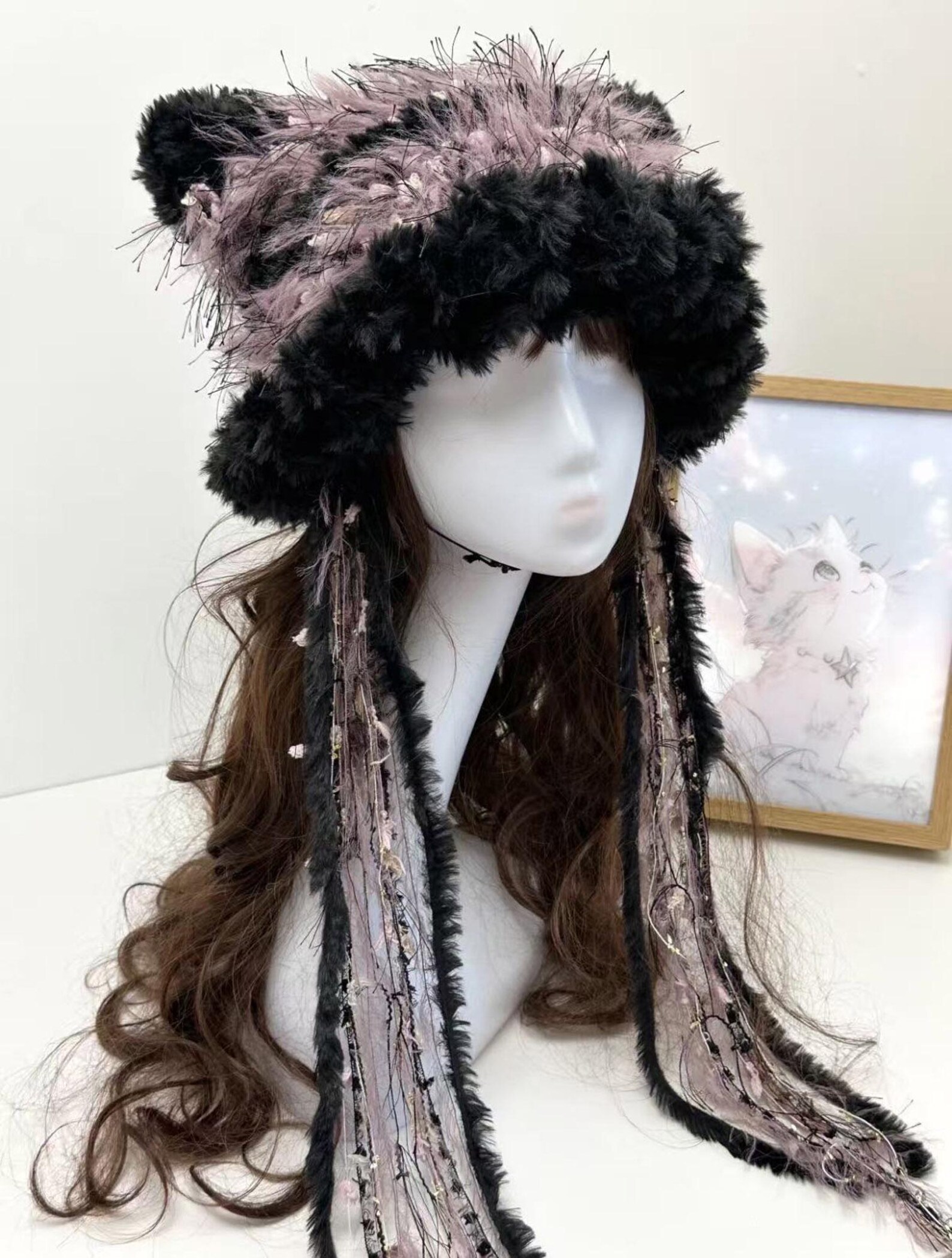 Goth-pastel Cat Ear Beanie | Fuzzy Black & Pink Knit Hat - Etsy