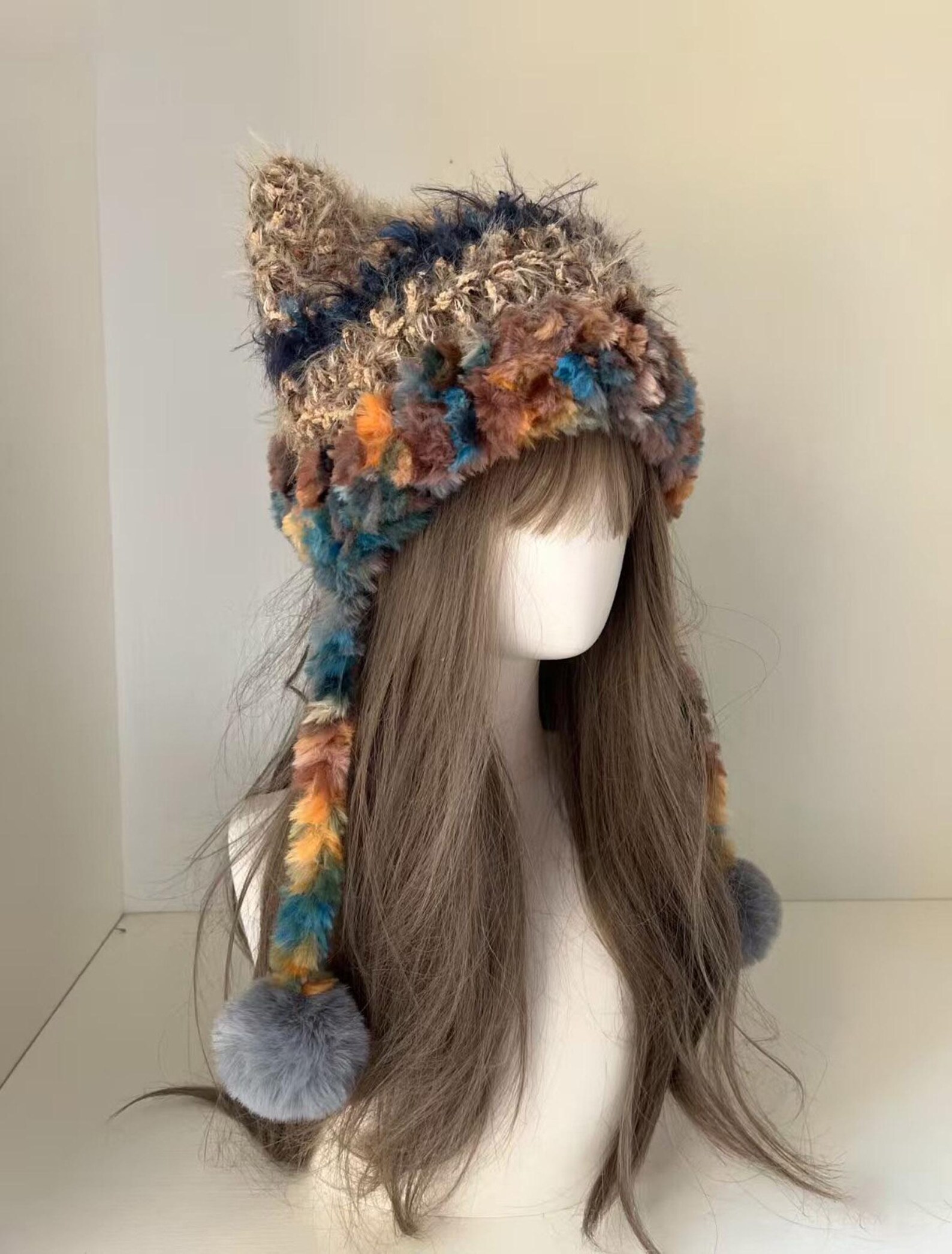 Handmade Furry Cat Ear Hat | Multicolor Plush Winter Hood | Soft Fluffy ...