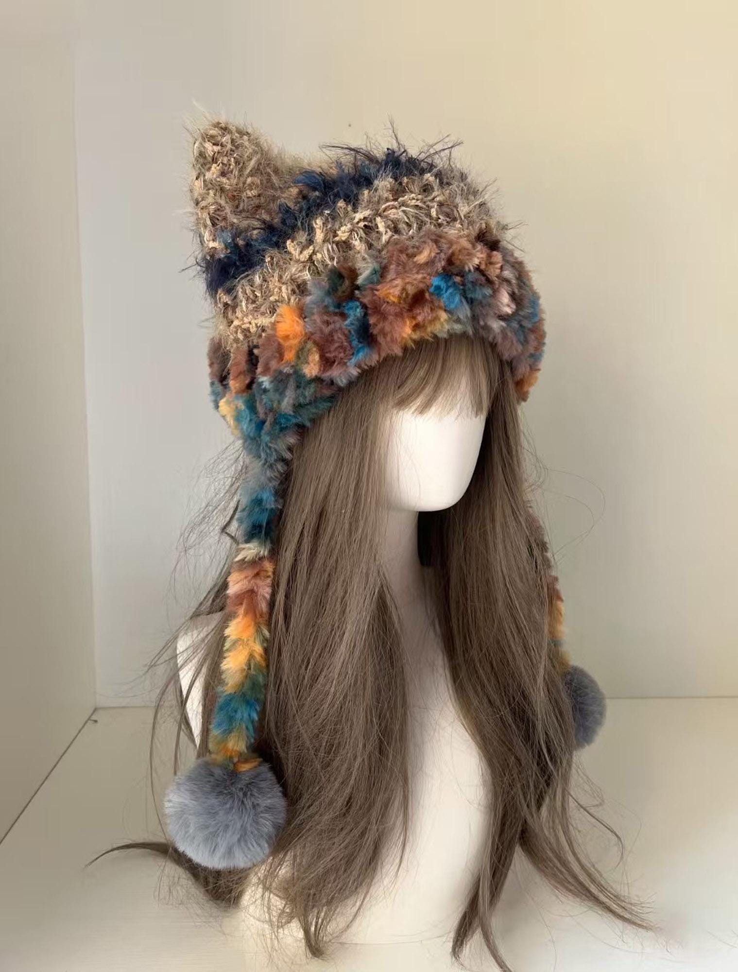 Handmade Furry Cat Ear Hat | Multicolor Plush Winter Hood | Soft Fluffy ...