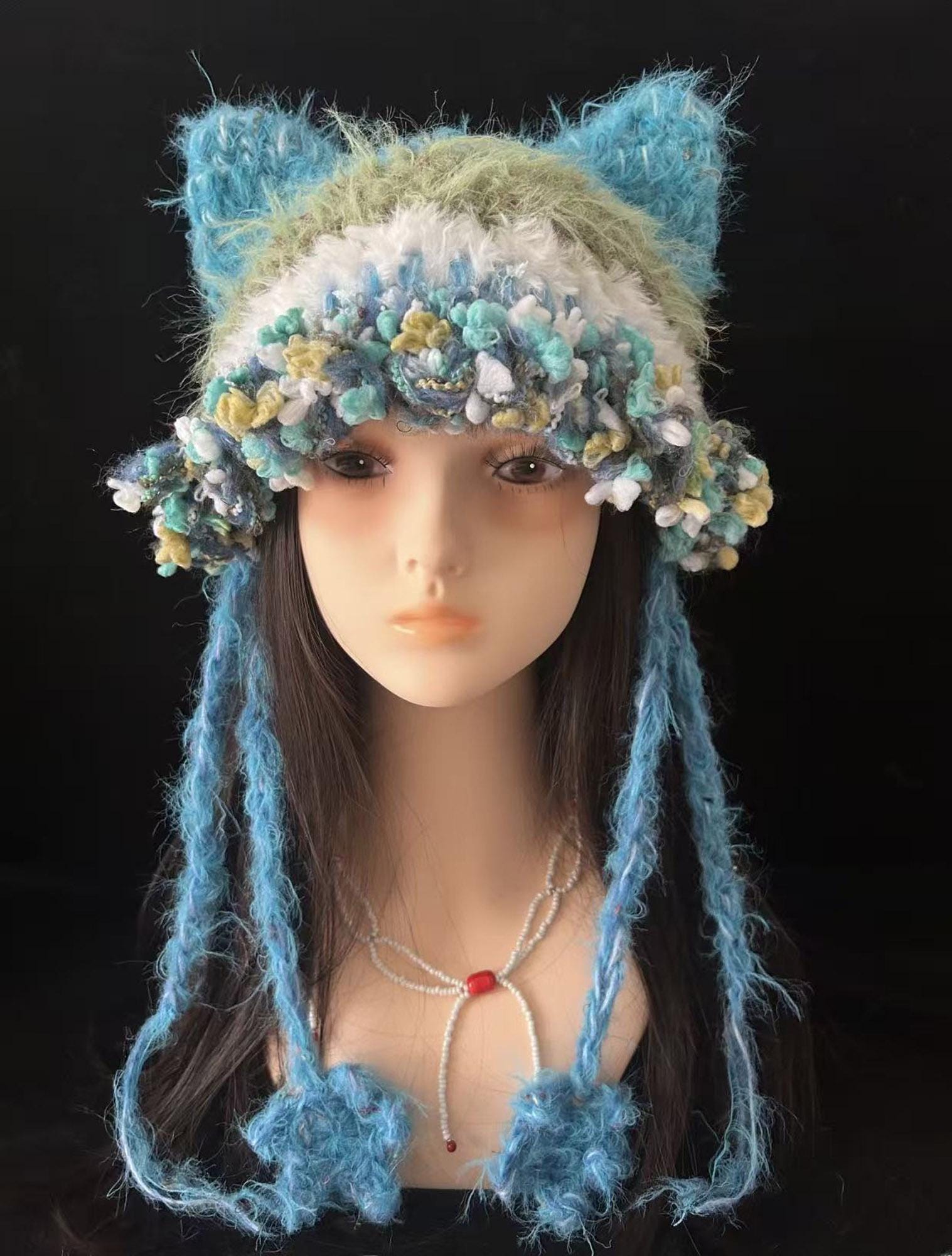 Handmade Furry Cat Ear Hat, Fluffy Blue Knit Hat With Ears and Braided ...