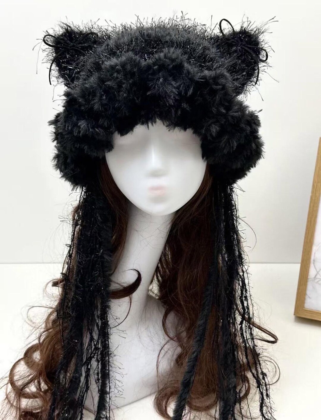Gothic Fuzzy Cat Ear Knitted Hat | Black Long Fringe Winter Beanie ...
