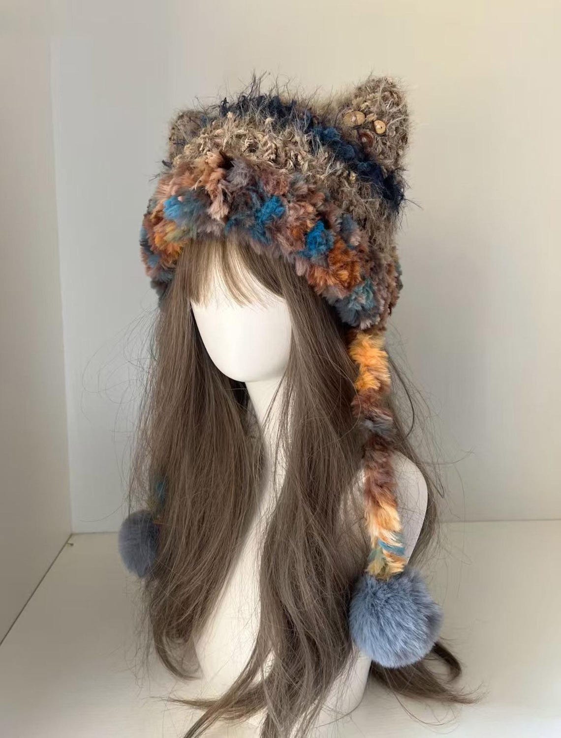 Handmade Furry Cat Ear Hat | Multicolor Plush Winter Hood | Soft Fluffy ...