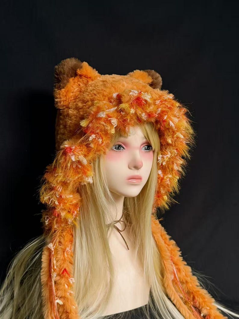 Handmade Fluffy Animal Ear Hood | Orange Furry Winter Hat With Long ...