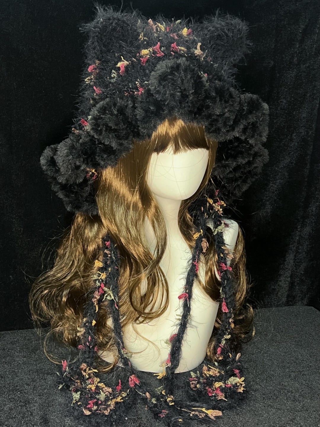 Black Plush Bear Ear Hat With Floral Scarf, Handmade Furry Winter Hat ...