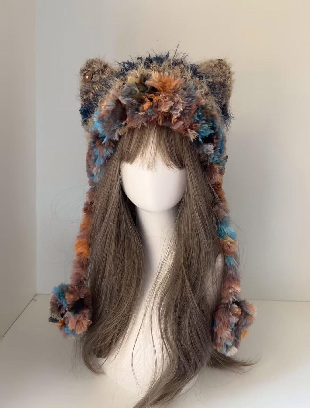 Handmade Furry Cat Ear Hat | Multicolor Plush Winter Hood | Soft Fluffy ...