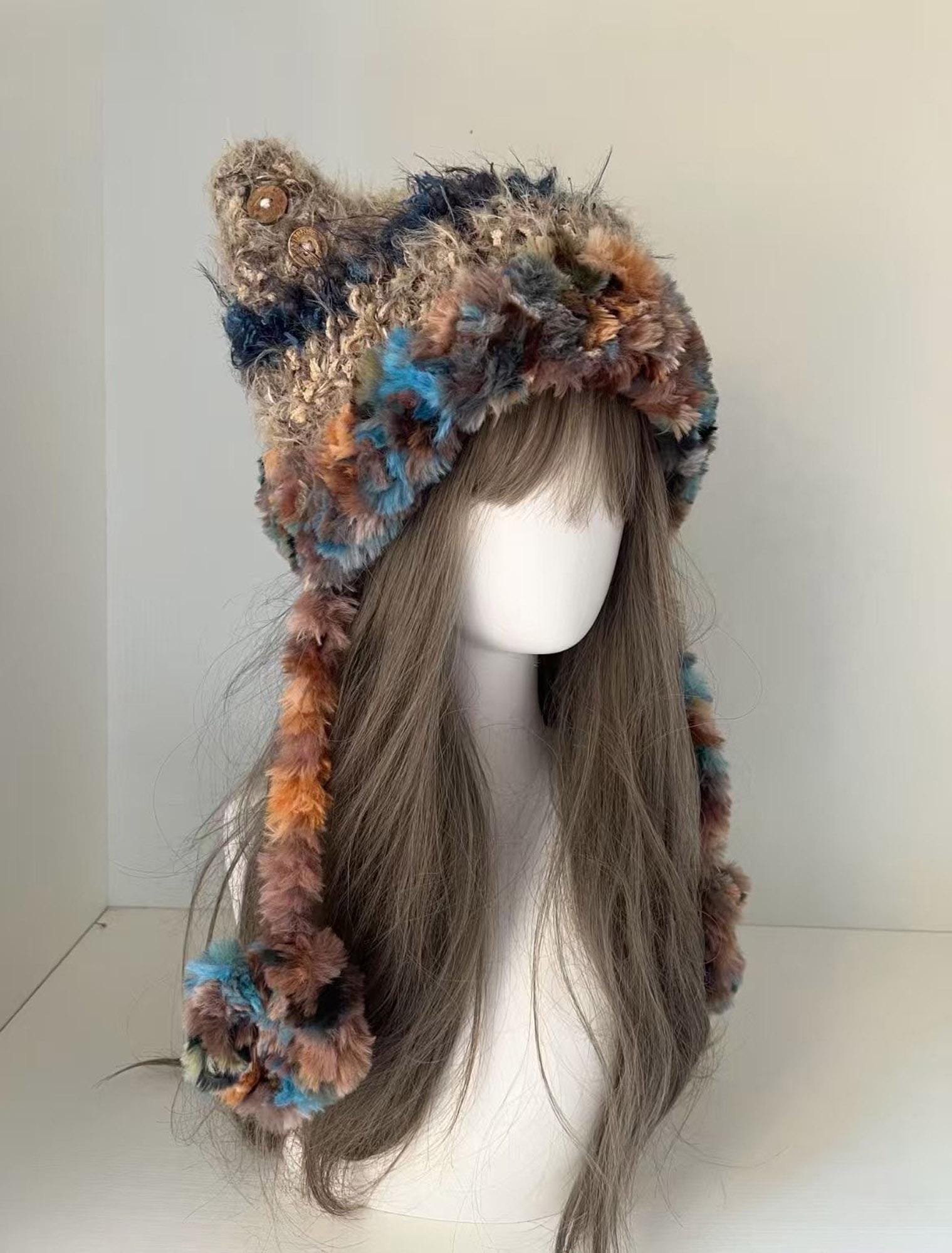 Handmade Furry Cat Ear Hat | Multicolor Plush Winter Hood | Soft Fluffy ...