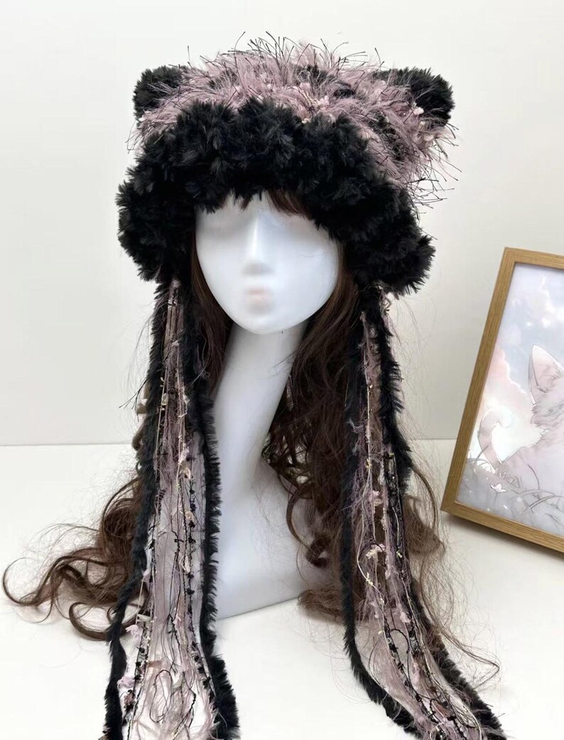 Goth-pastel Cat Ear Beanie | Fuzzy Black & Pink Knit Hat - Etsy